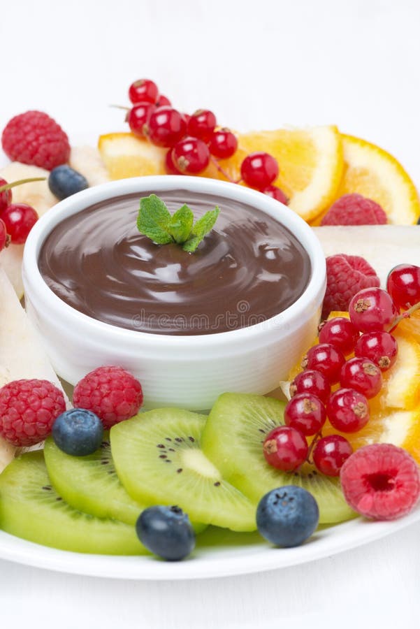 Chocolate Sauce, Fresh Fruit and Berries Stock Photo - Image of diet ...