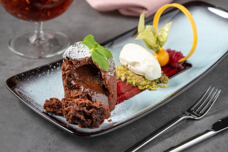 Chocolate Souffle with Ice Cream Served in a Fine Dining Restaurant ...