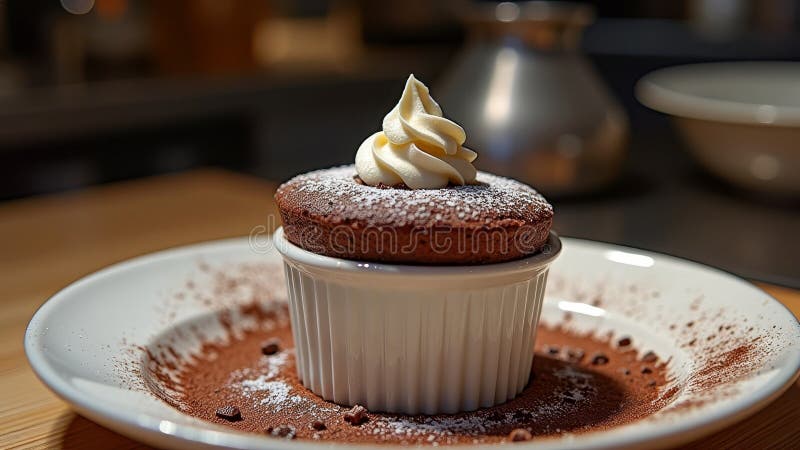 Chocolate Souffle with Whipped Cream Topping and Cocoa Powder in White ...