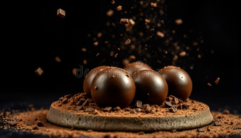 Chocolate Spheres on Cocoa Powder Base, with Falling Chocolate Stock ...