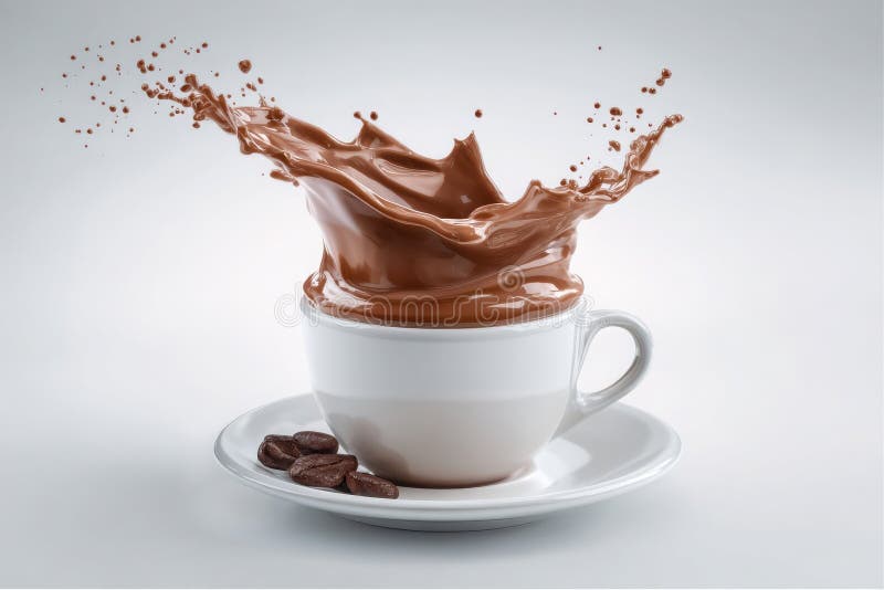 Chocolate Splash Over Flowing from White Cup with Beans on Saucer in ...