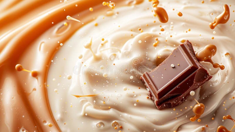 Chocolate Splashing in Swirled Caramel and Milk Stock Photo - Image of ...