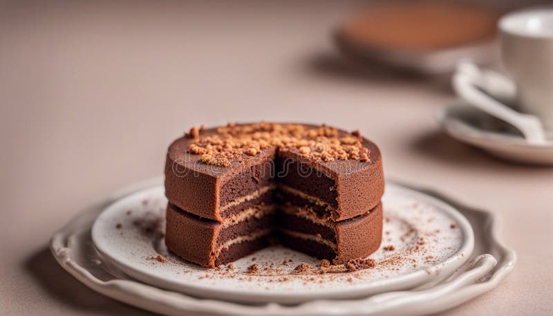 Chocolate Sponge Cake (biscuit) Cut in Circle Layers Stacked on Ceramic ...