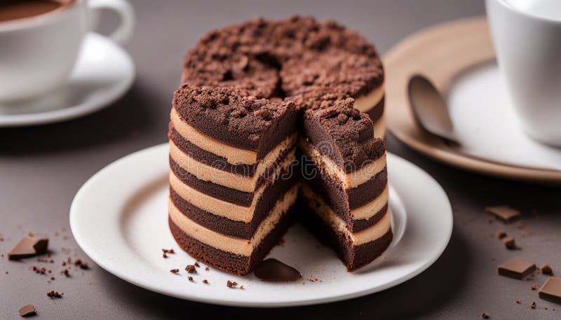 Chocolate Sponge Cake (biscuit) Cut in Circle Layers Stacked on Ceramic ...