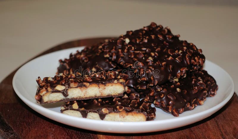 Chocolate Square Biscuits with Nuts on a White Round Plate. Tea Sweets ...