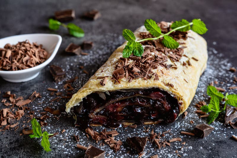 Chocolate Strudel with Cherry Stock Photo - Image of celebration, icing ...