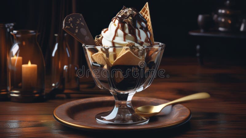 A Chocolate Sundae with Ice Cream and Chocolate Sauce. Generative AI ...