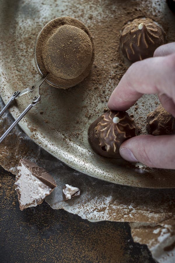 Chocolate Sweets and Cacao Powder on Copper Tray. Stock Image - Image ...