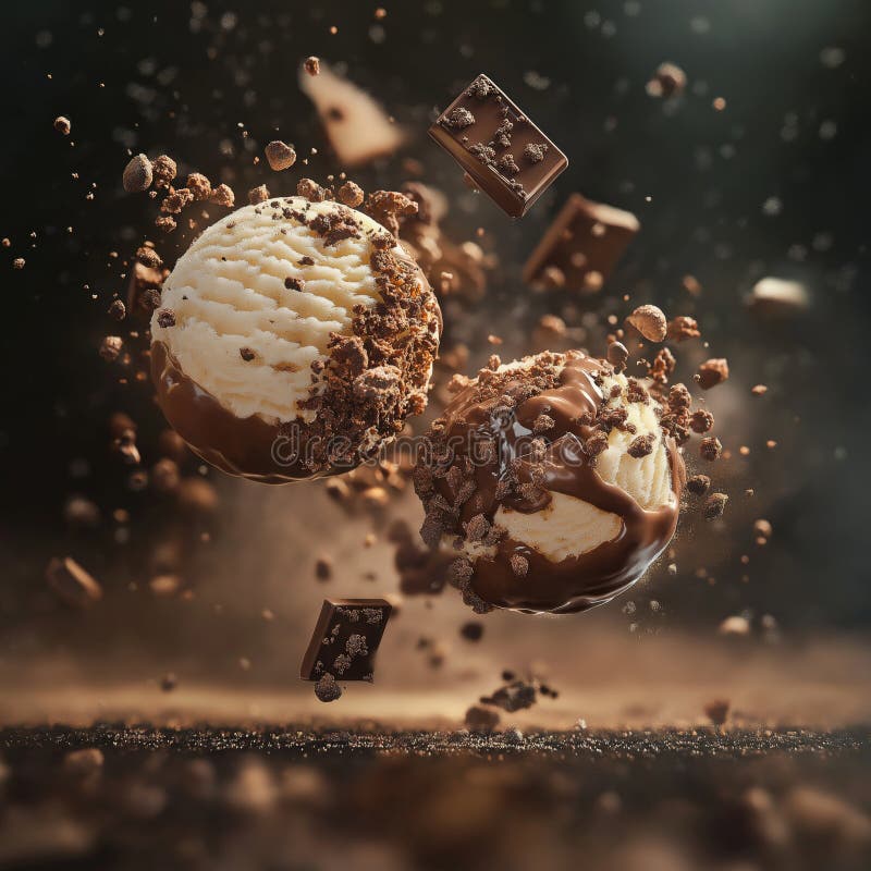 Chocolate Swirls and Ice Cream Explosion with Falling Chocolate Chunks ...