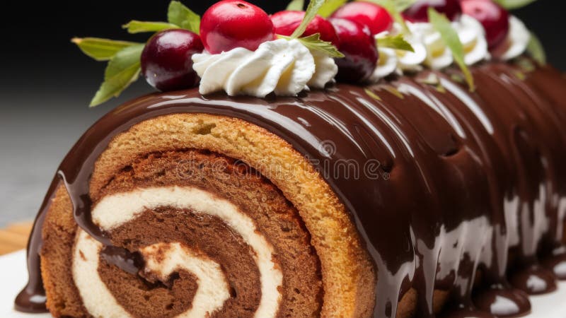 Chocolate Swiss Roll Cake with Cherries and Whipped Cream Topping Stock ...