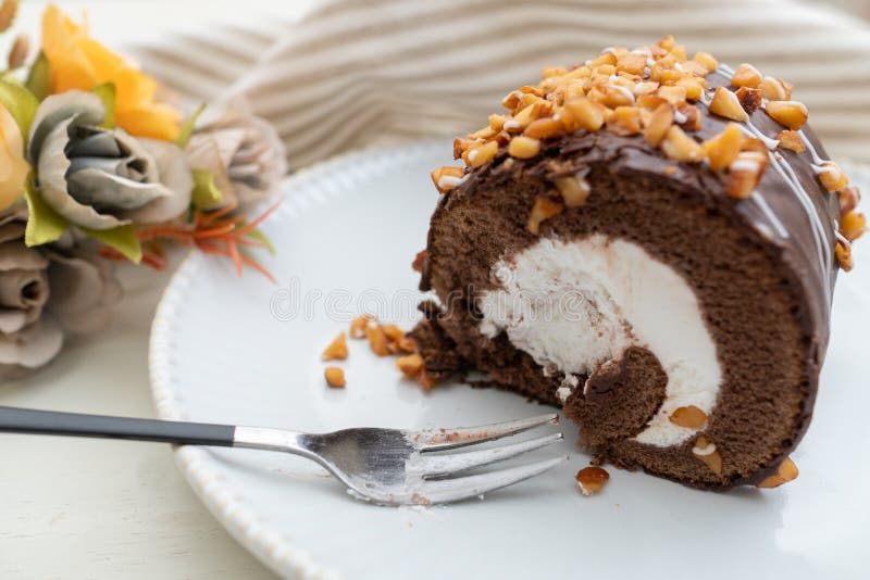 Chocolate swiss roll cake stock image. Image of delicious - 208611565