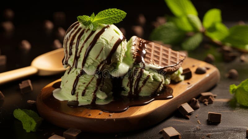 A Chocolate Syrup Swirl on a Scoop of Mint Chocolate Chip Stock ...