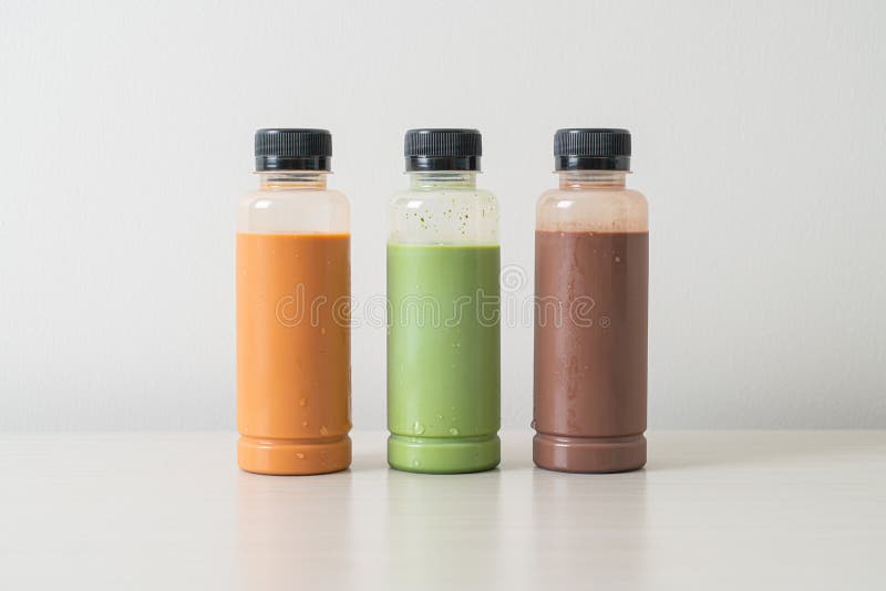 Chocolate, Thai Milk Tea and Matcha Green Tea in Plastic Bottle Stock ...