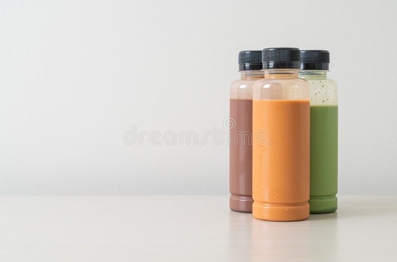 Chocolate, Thai Milk Tea and Matcha Green Tea in Plastic Bottle Stock ...