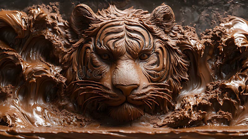 Chocolate Tiger Sculpture Emerging from Waves of Melted Chocolate Stock ...