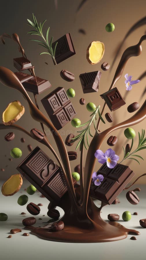 Chocolate Tree Illustration Melting into a Pool with Scattered Chunks ...