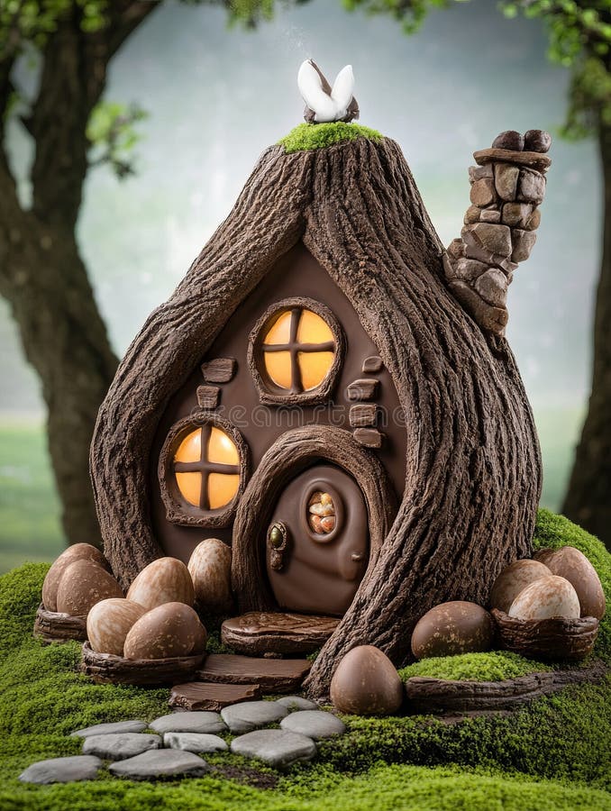 Chocolate Treehouse with Glowing Windows, Surrounded by Chocolate Eggs ...