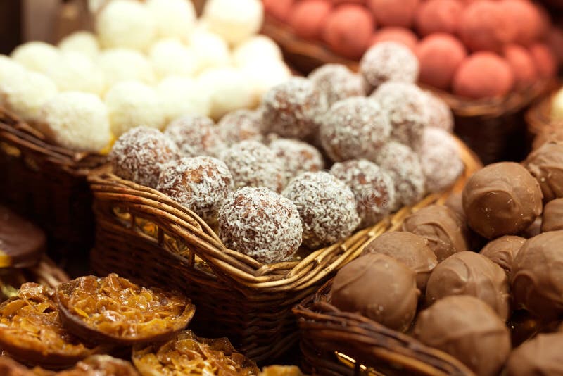 Chocolate Truffle Balls on Market Counter Stock Photo - Image of pastry ...