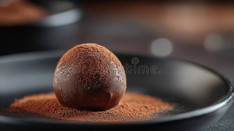 A Chocolate Truffle Covered in Cocoa Powder on a Black Plate. Stock ...