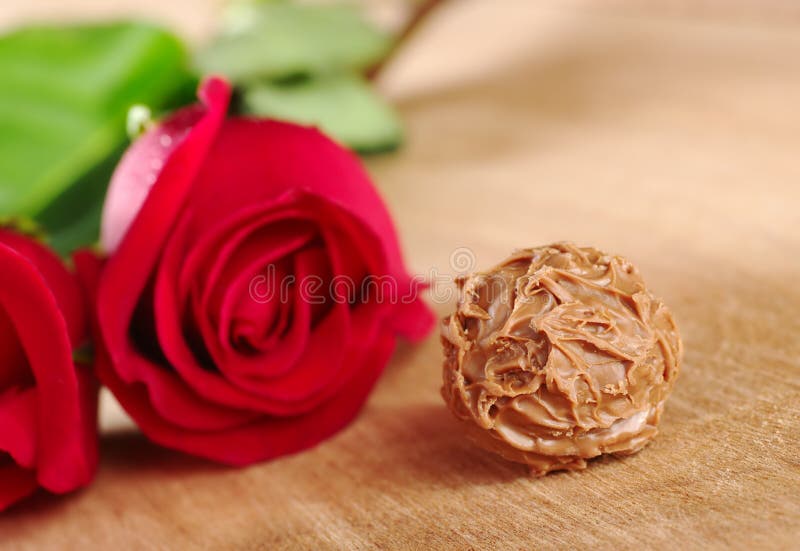 Chocolate Truffle with Red Roses Stock Image - Image of wood ...