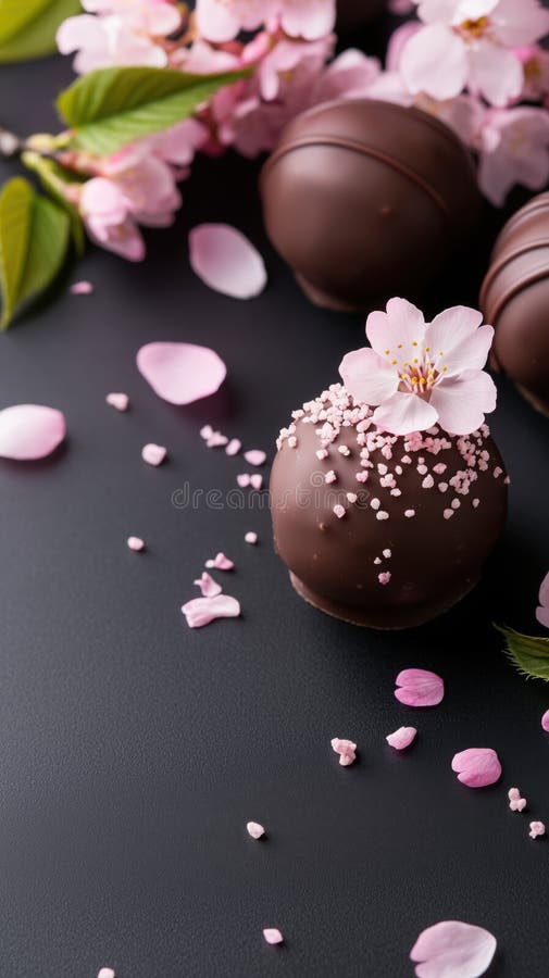 Chocolate Truffle Topped with Sakura Flower and Sprinkles on Black ...