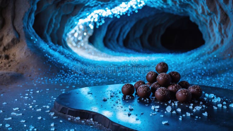 Dark Chocolate Truffles with Sea Salt on Blue Ice Cave Background Stock ...