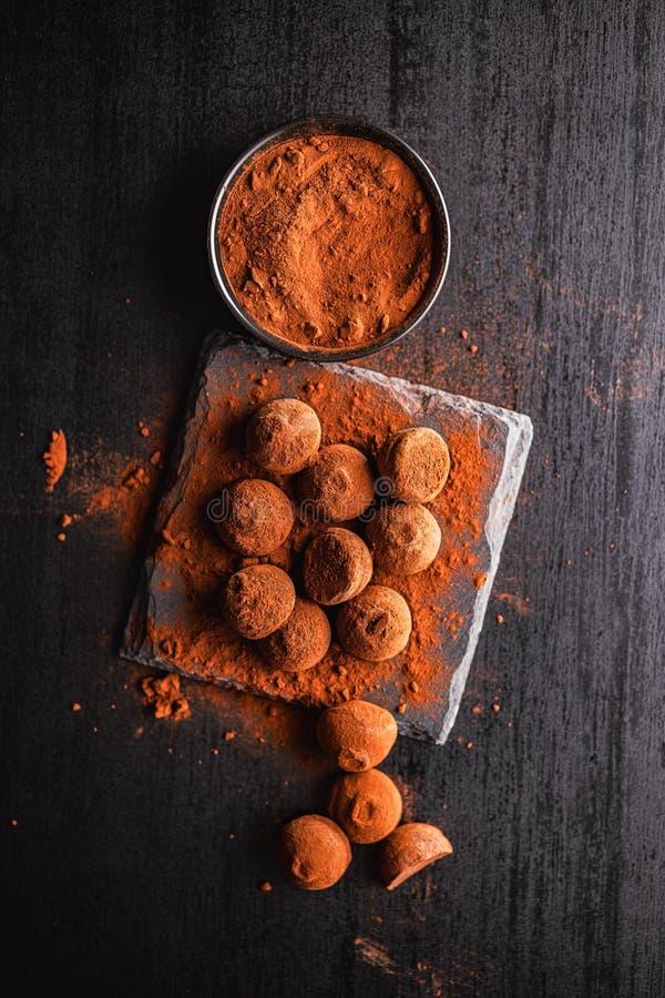 Chocolate Truffles Covered with Cocoa Powder on Black Table. Top View ...