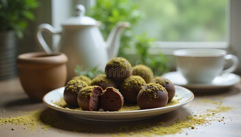 Chocolate Truffles Dusted with Matcha, on Wooden Table by Window ...