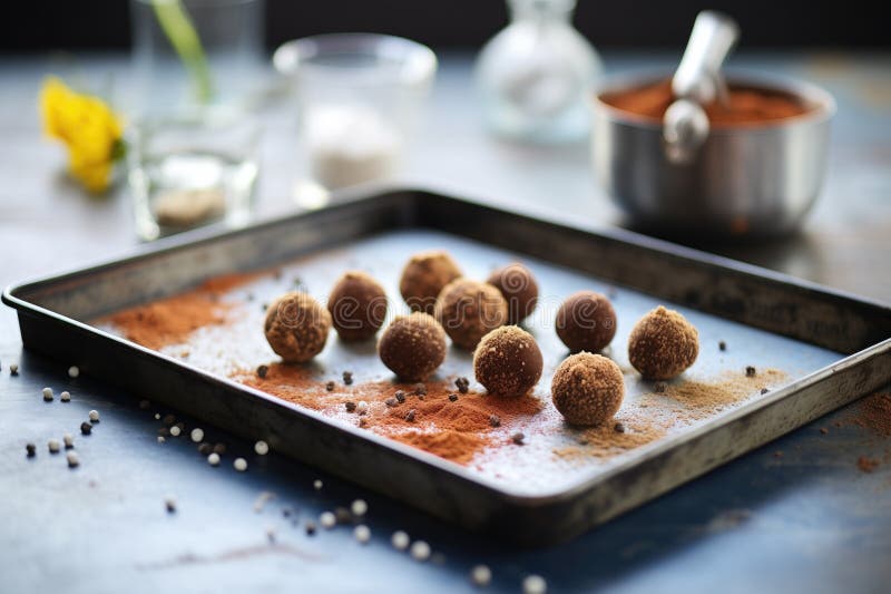 Chocolate Truffles on Tray with Cocoa Powder Sprinkle Stock ...