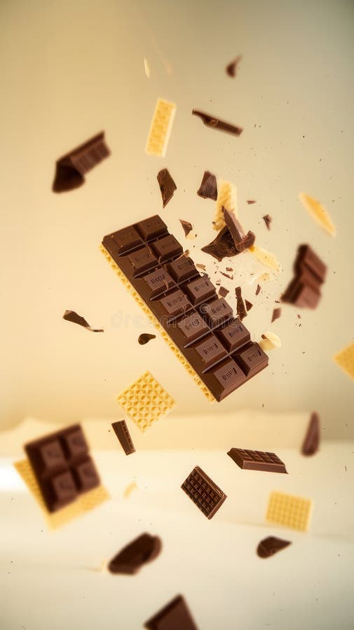 Chocolate Wafer Bar Breaking into Pieces with Flying Fragments Stock ...