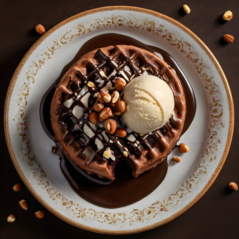 Chocolate Waffle with Hazelnut Spread and Vanilla Ice Cream Stock ...