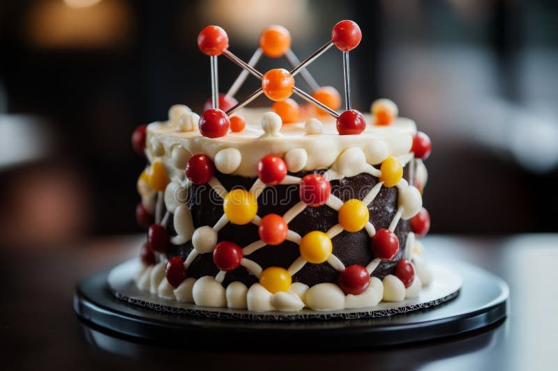 Chocolate and White Frosted Cake Decorated with Molecule Models Made of ...