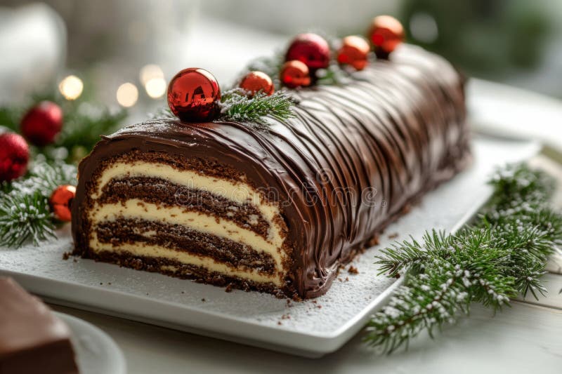 Chocolate Yule Log Cake with Red Ornaments and Evergreen Sprigs Stock ...