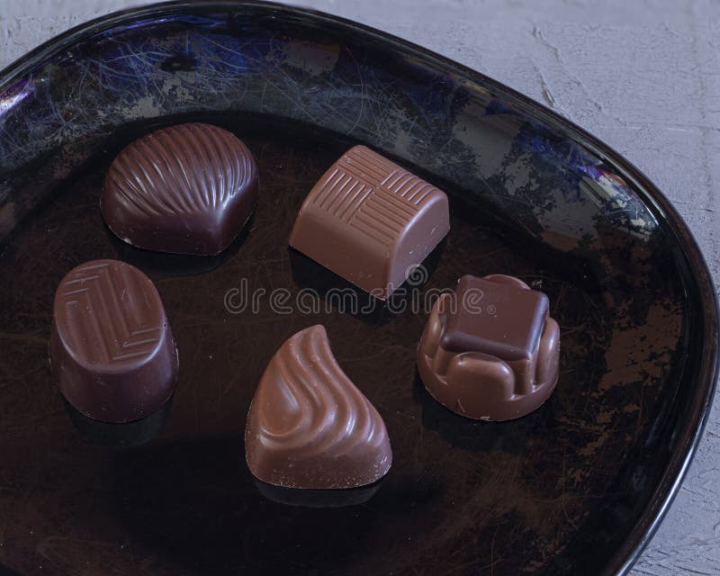 Chocolates Filled Various Assorted Flavors Black Plate Stock Photos ...