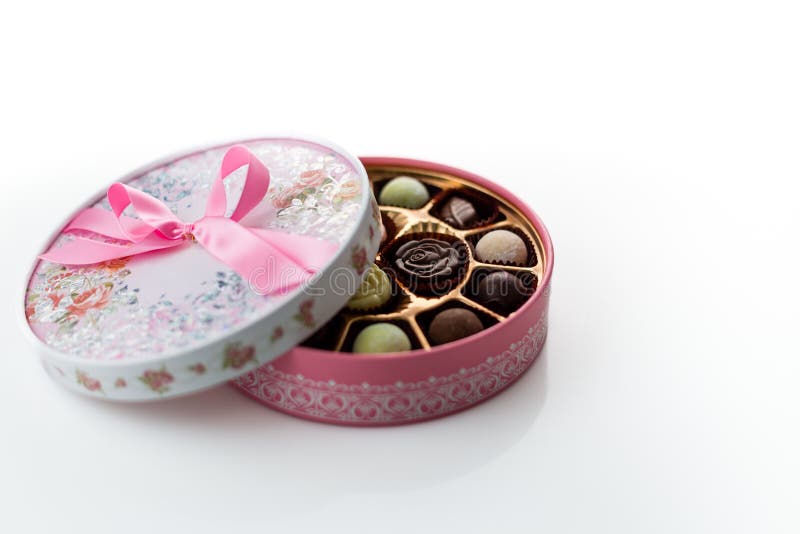 Chocolates in Pink Box with Ribbon Stock Photo - Image of flowers ...