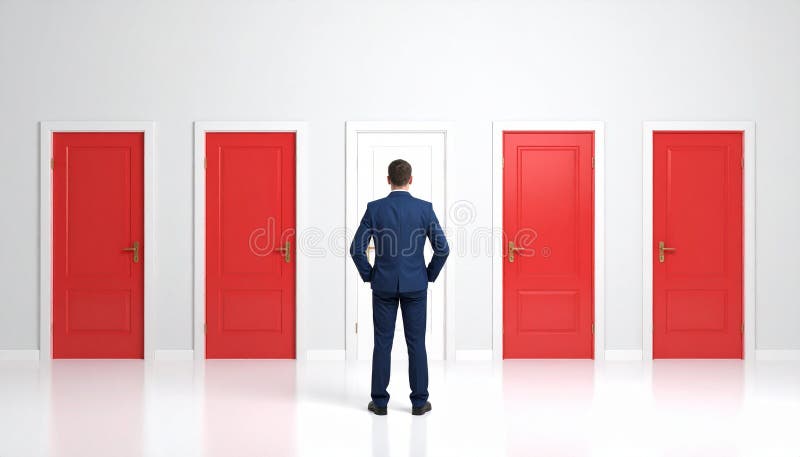 The Choice Ahead: Four Red Doors, One Destiny Stock Photo - Image of ...