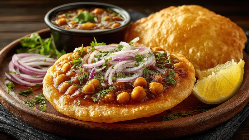 Chole Bhature with Onions and Lemon on Round Plate Stock Illustration ...