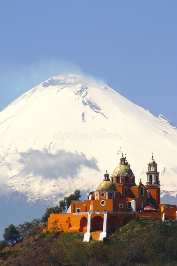 Cholula Church and Popocatepetl Volcano in Puebla, Mexico I Stock Photo ...