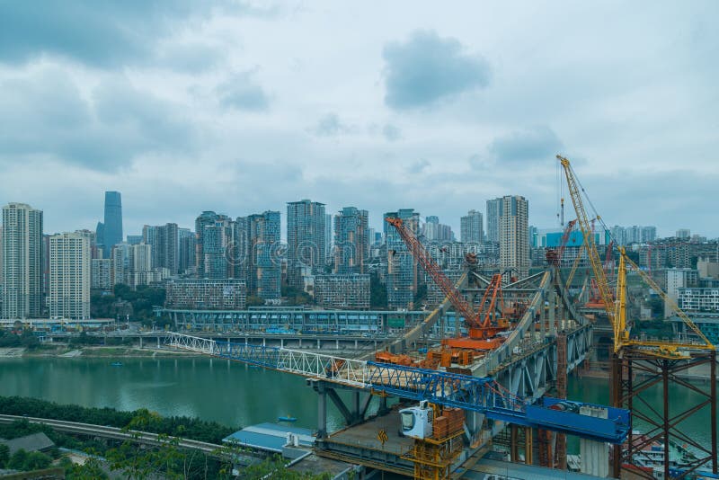 Cross-river Bridge Under Construction in Chongqing, China Stock Photo ...