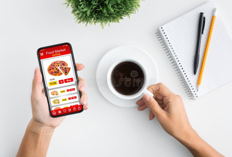 Choosing Pizza on Cellphone App. Making Pizza Delivery Order Stock ...