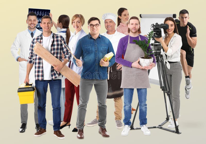 Choosing Profession. People of Different Occupations on Light ...