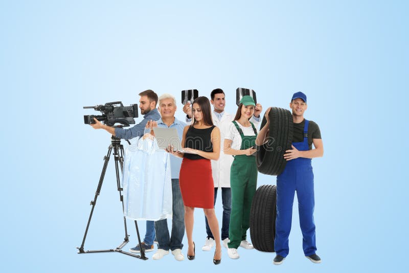 Choosing Profession. People of Different Occupations on Light Blue ...