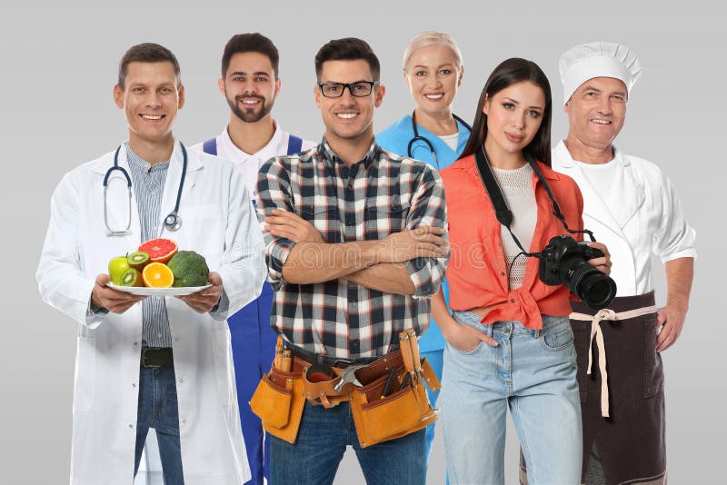 Choosing Profession. People of Different Occupations on Light Grey ...