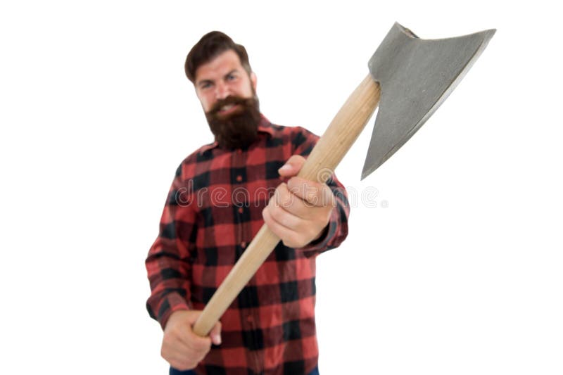 Chop it. Axe Selective Focus. Bearded Man Hold Large Axe Handle ...