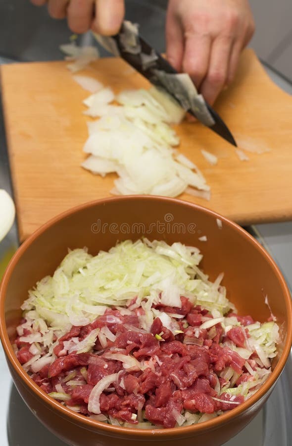 Chopped Beef Steak and Onions Stock Image - Image of dinner, cutting ...