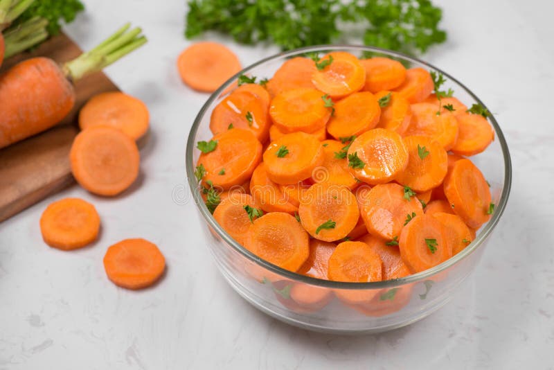 Chopped Carrot Slices. Fresh Raw Peeled Carrot Slice in Bowl. Stock ...