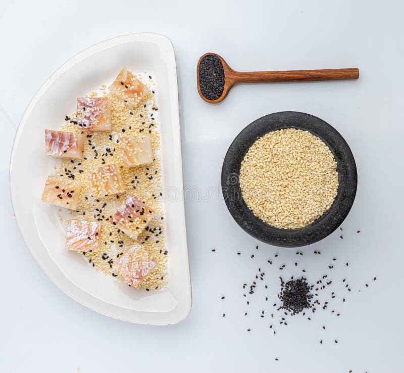 Chopped Cod with Sesame Seeds Stock Photo - Image of dessert, menus ...