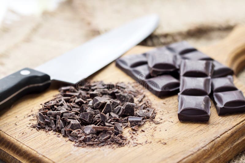 Chopped Dark Chocolate on Wooden Cutting Board Stock Image - Image of ...
