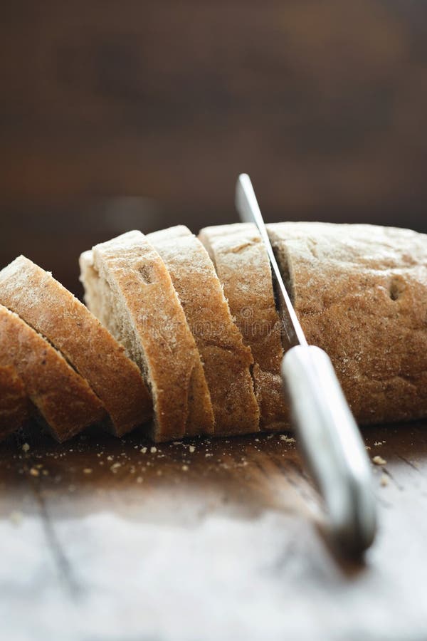 Chopped Fresh Bread Wooden Table Close Up Stock Image - Image of home ...