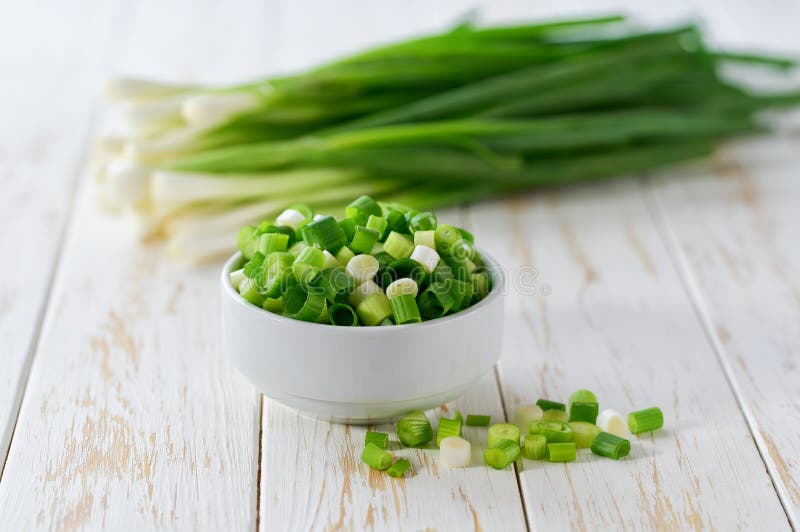Chopped Fresh Green Onion or Scallions in a Ceramic Bowl , on a White ...